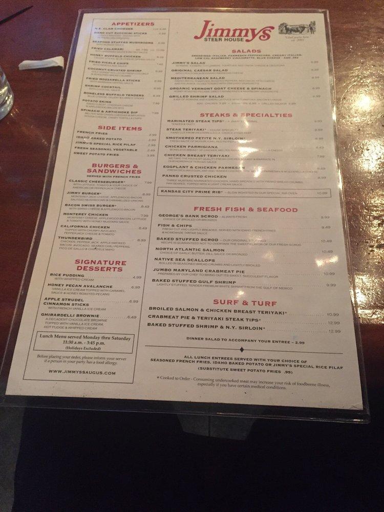 Menu at Jimmy's Steer House steakhouse, Saugus, 114 Broadway