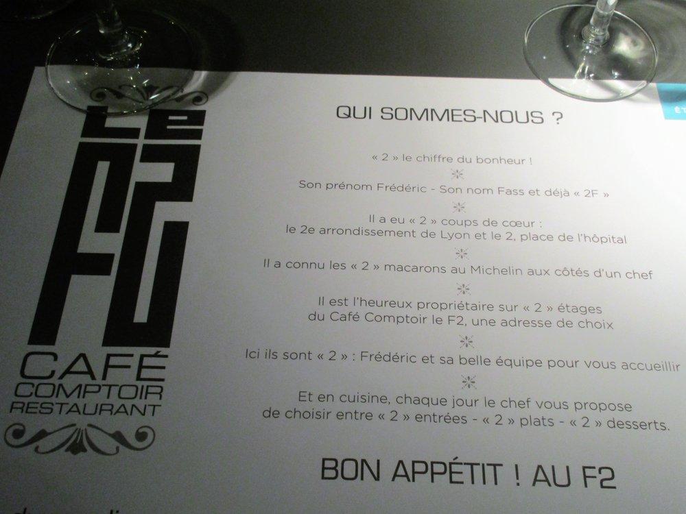 Menu at LE F2 Restaurant Bar, Lyon