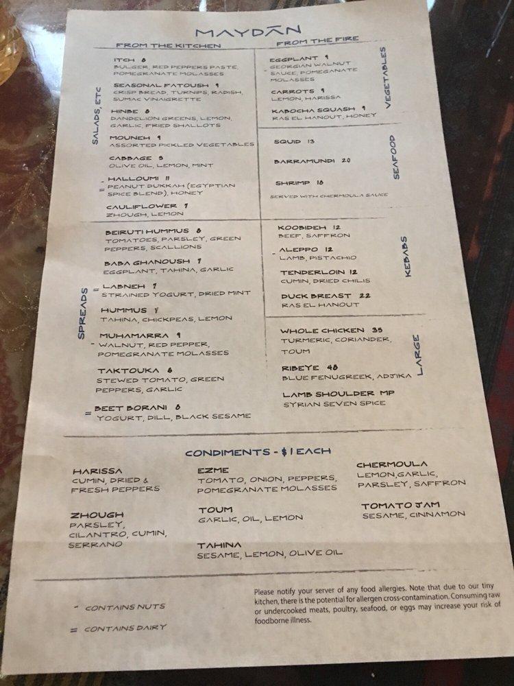 Menu at Maydan restaurant, Washington, Florida Ave NW