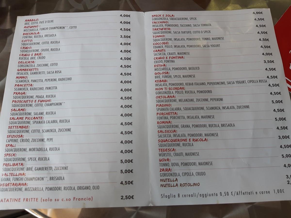 Menu da Piadineria Piadino ristorante, Frossasco