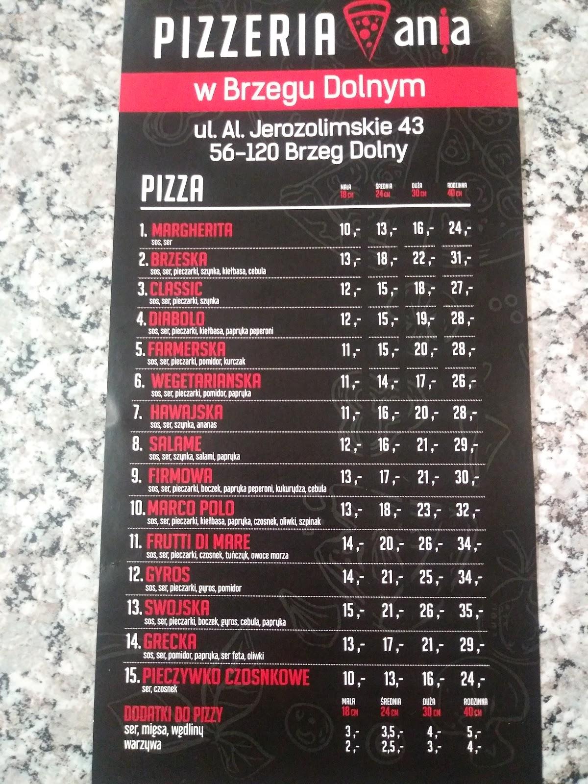 Menu at Pizzeria Ania, Brzeg Dolny