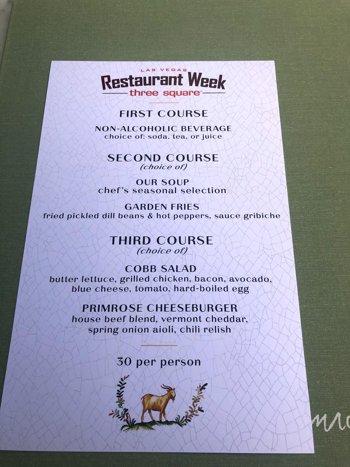 Menu at Primrose cafe, Las Vegas