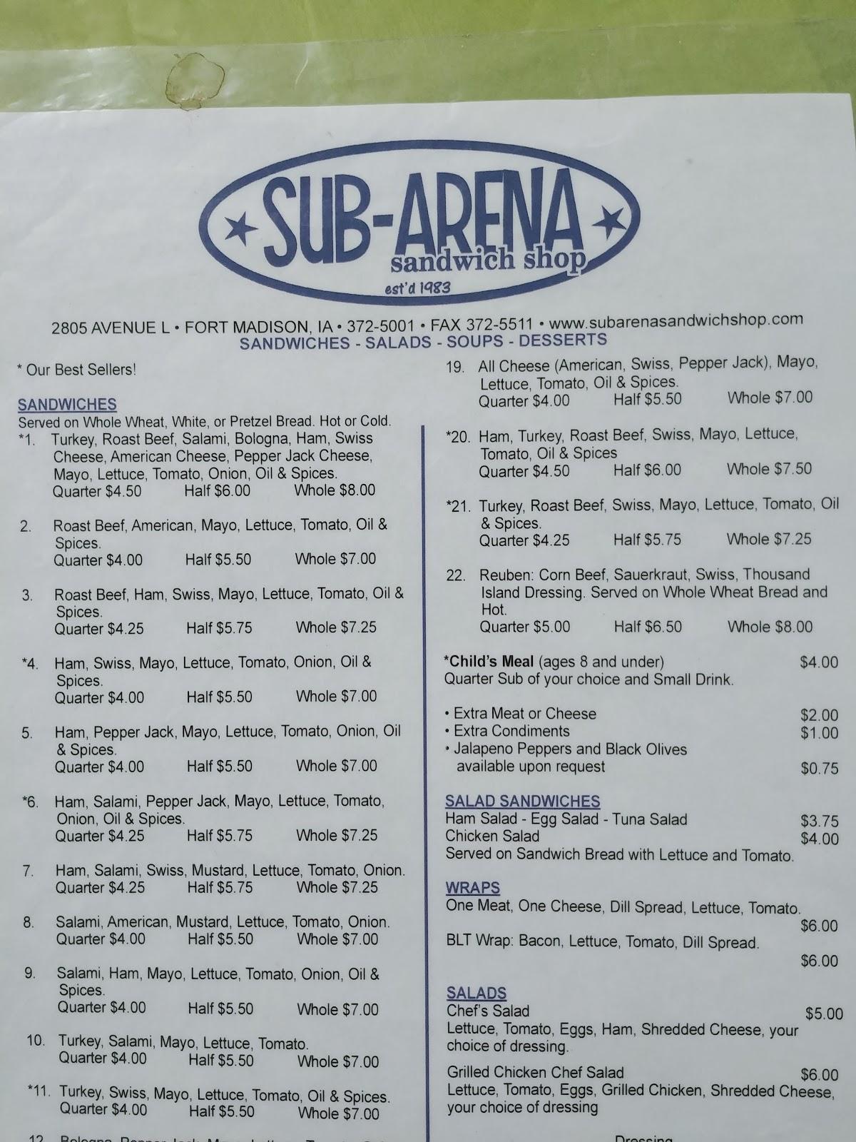 Menu at Sub Arena restaurant, Fort Madison