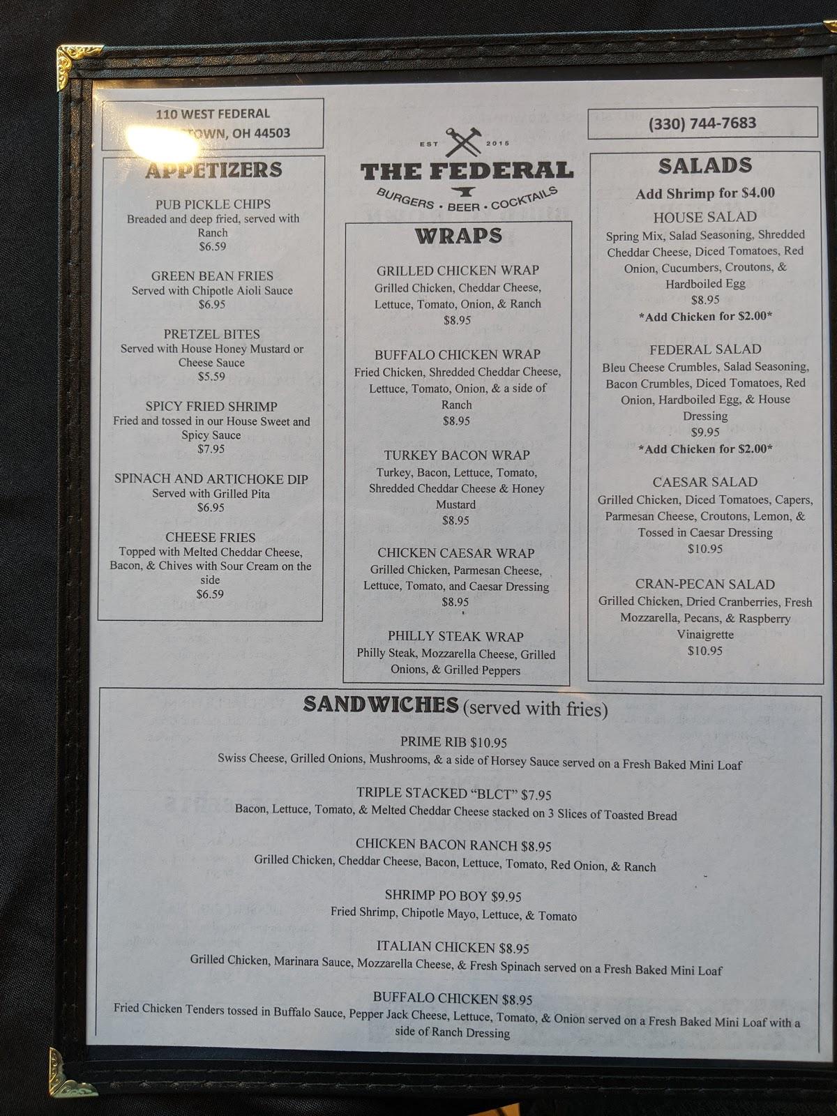 Menu at The Federal restaurant, Youngstown