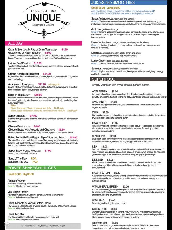 Menu at Unique Espresso Bar, Brisbane City