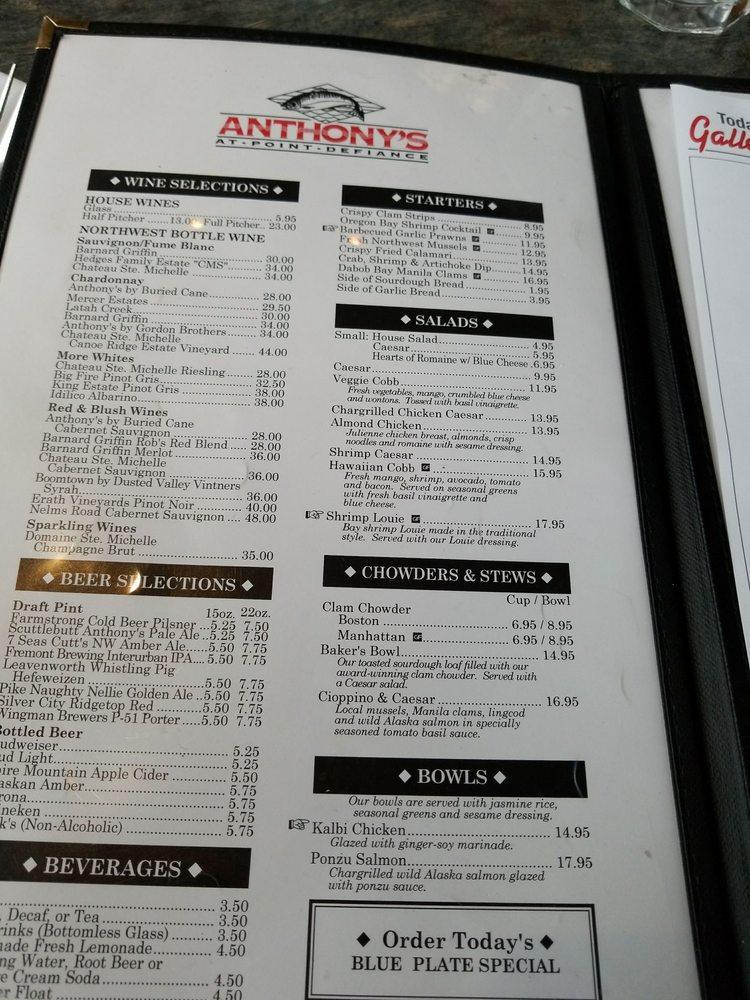 Menu at Anthony's At Point Defiance restaurant, Tacoma