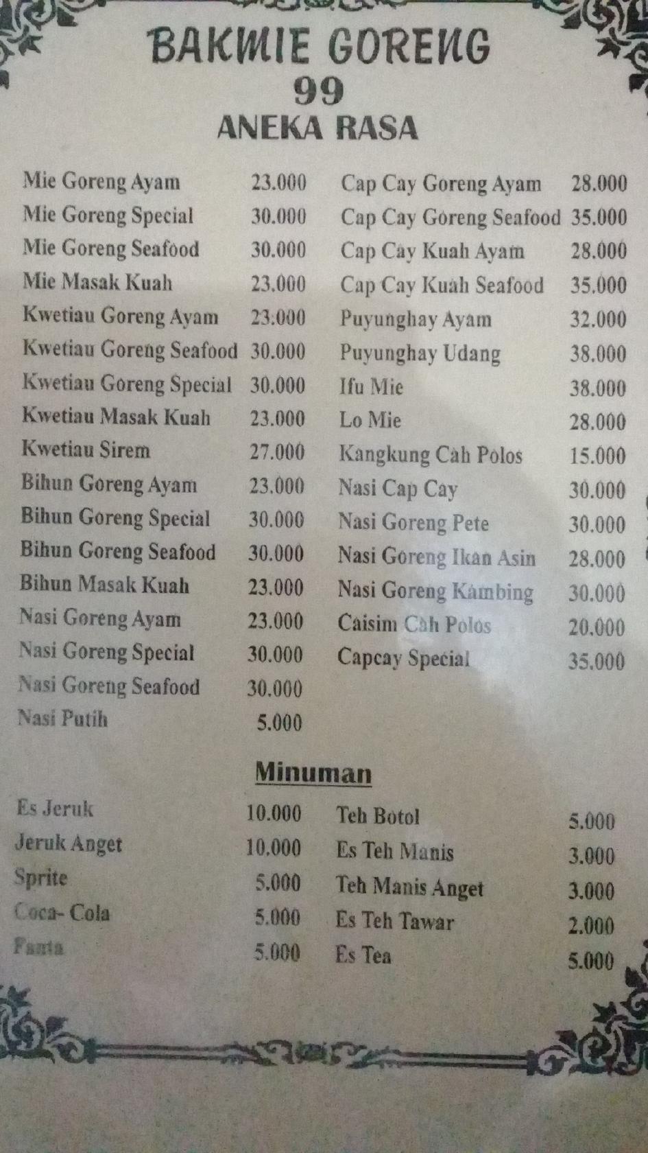 Menu at Bakmie Goreng 99 ANEKA RASA restaurant, Central Jakarta