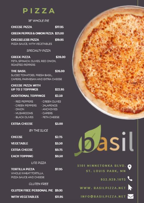 Menu at Basil pizzeria, Minneapolis