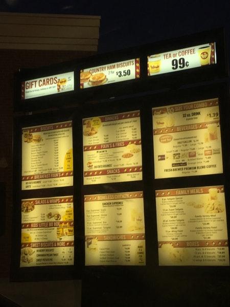 Menu at Bojangles fast food, Zebulon