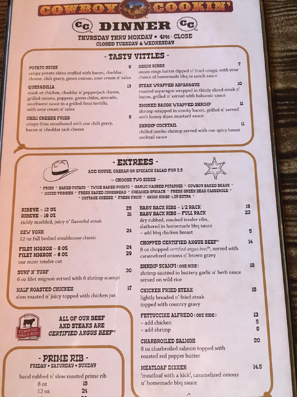 Menu at Cowboy Cookin' steakhouse, Wickenburg, 495 E Wickenburg Way
