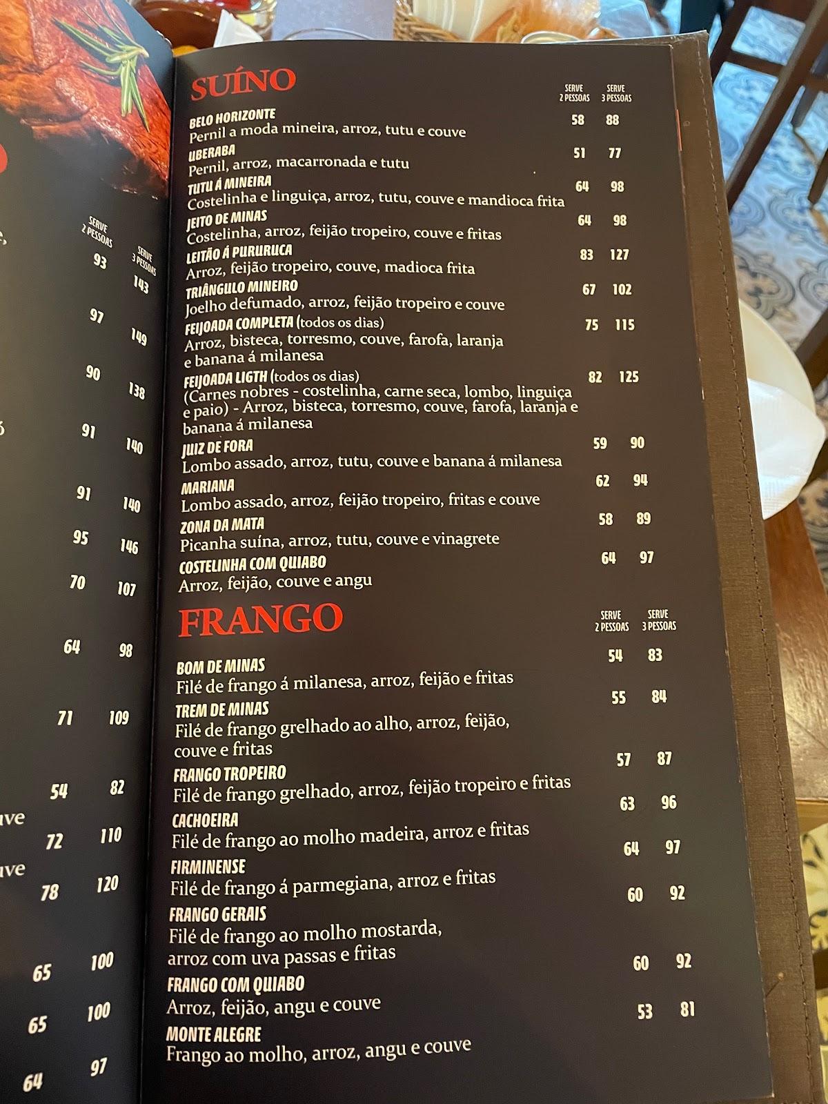 Menu at Cultura de Minas restaurant, São Paulo