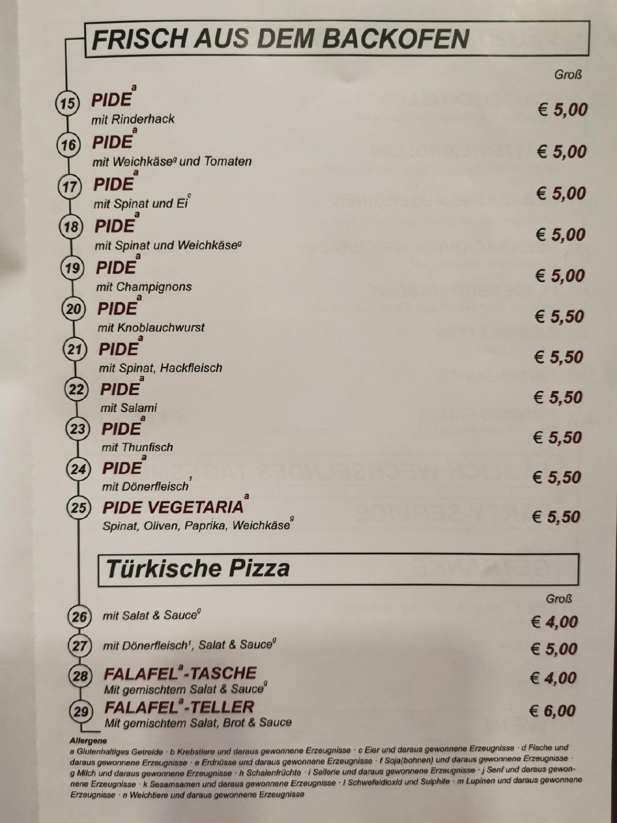 Menu at Galata Kebap restaurant, Essen