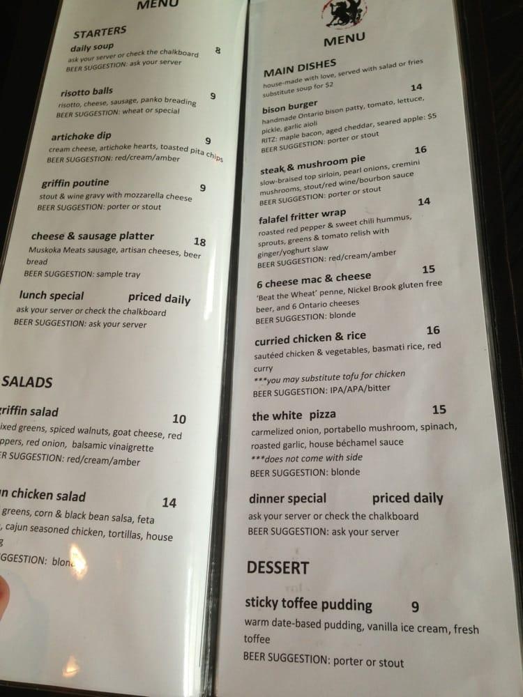 Menu at Griffin Pub, Bracebridge