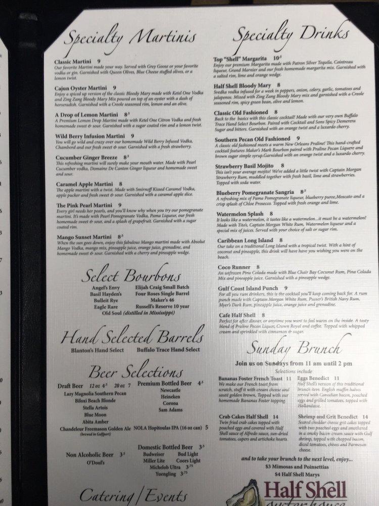 Menu at Half Shell Oyster House restaurant, Biloxi, 125 Lameuse St