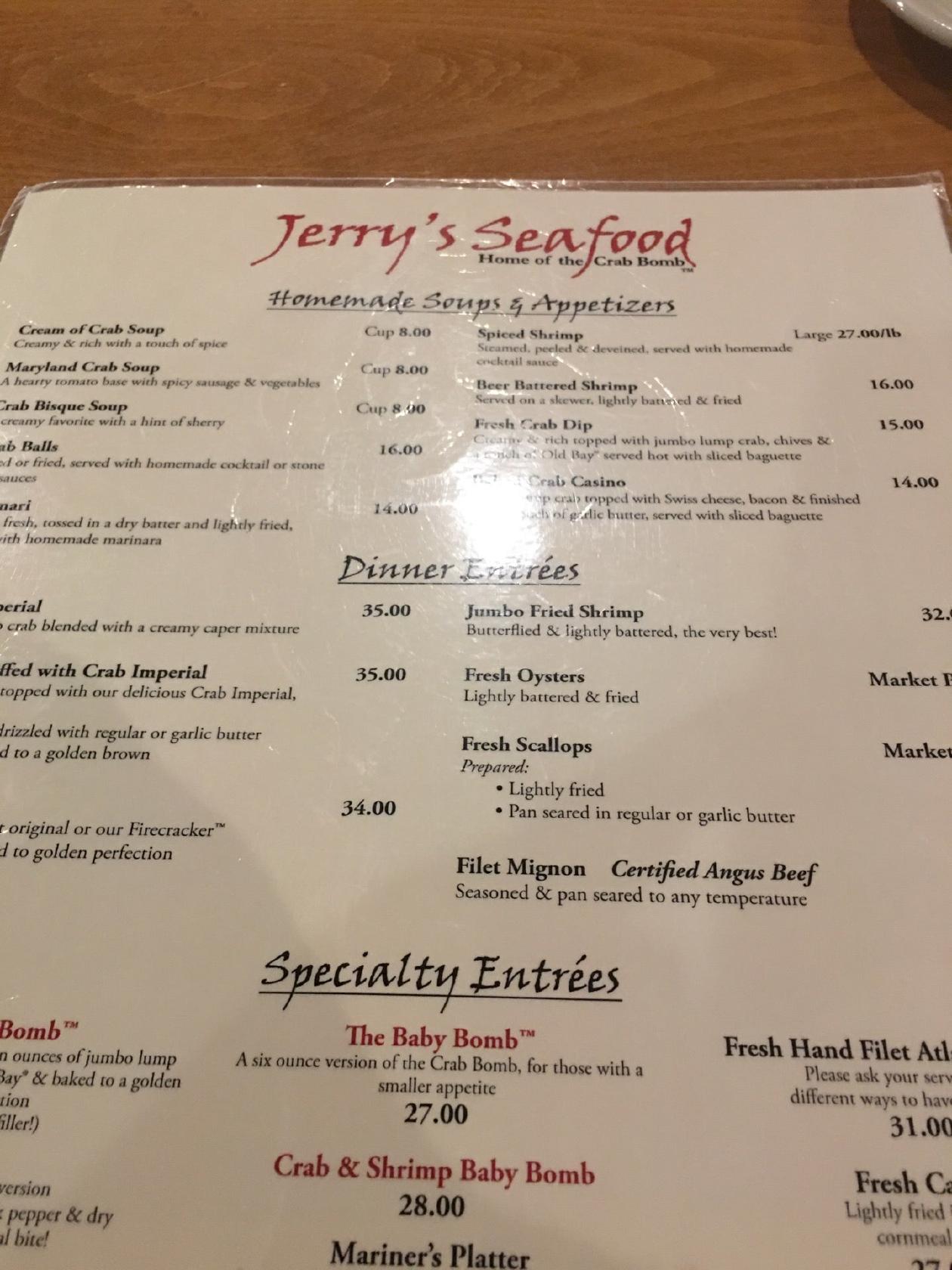 Menu at Jerrys Seafood restaurant, Bowie, Town Center Blvd