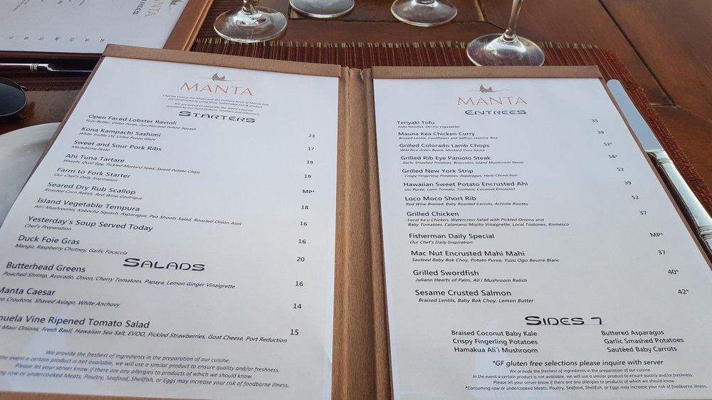 Menu at Manta Restaurant, Puako, Mauna Kea Beach Hotel