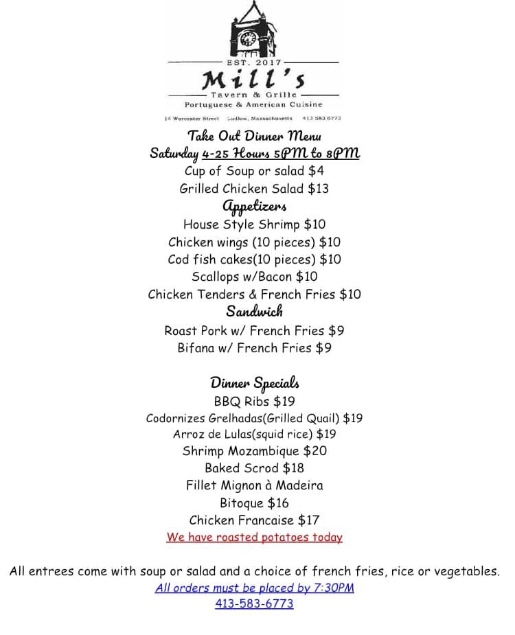 Menu at Mill's Tavern & Grille restaurant, Ludlow