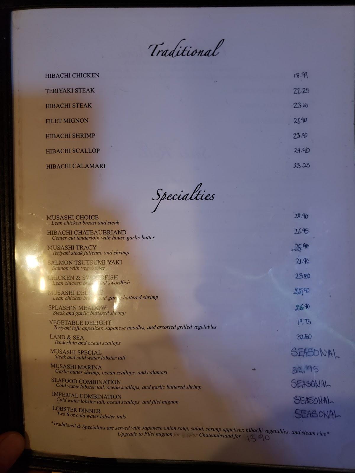 Menu at Musashi restaurant, Tracy