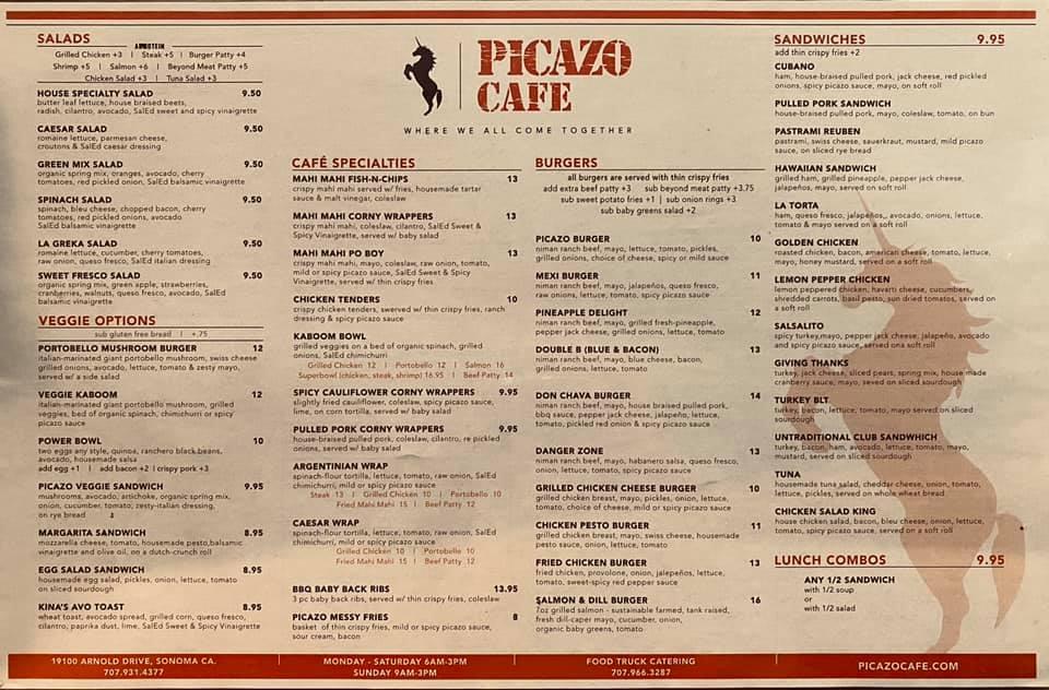 Menu at Picazo Cafe, Sonoma