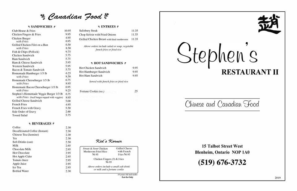 Menu at Stephen's Restaurant Two, Chatham-Kent