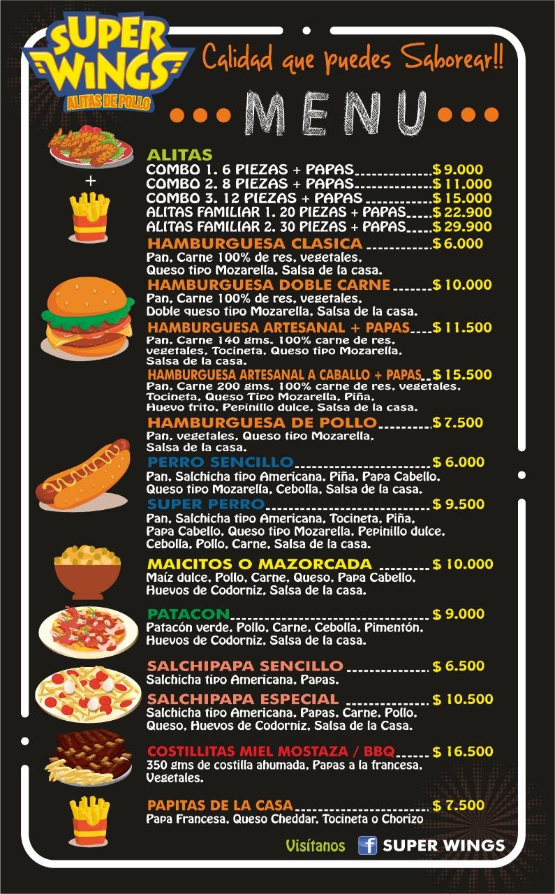 Menu at Super Wings restaurant, Ibagué, #8b-2 a Calle 77 #8b-24