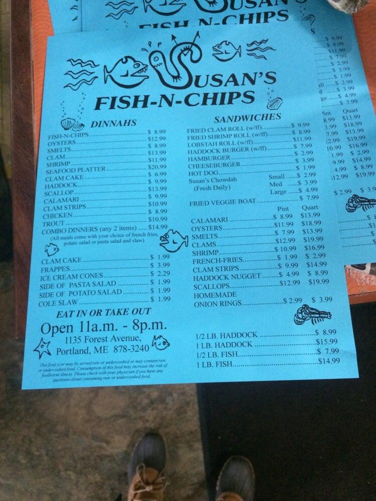 Menu at Susan's Fish-n-Chips restaurant, Portland