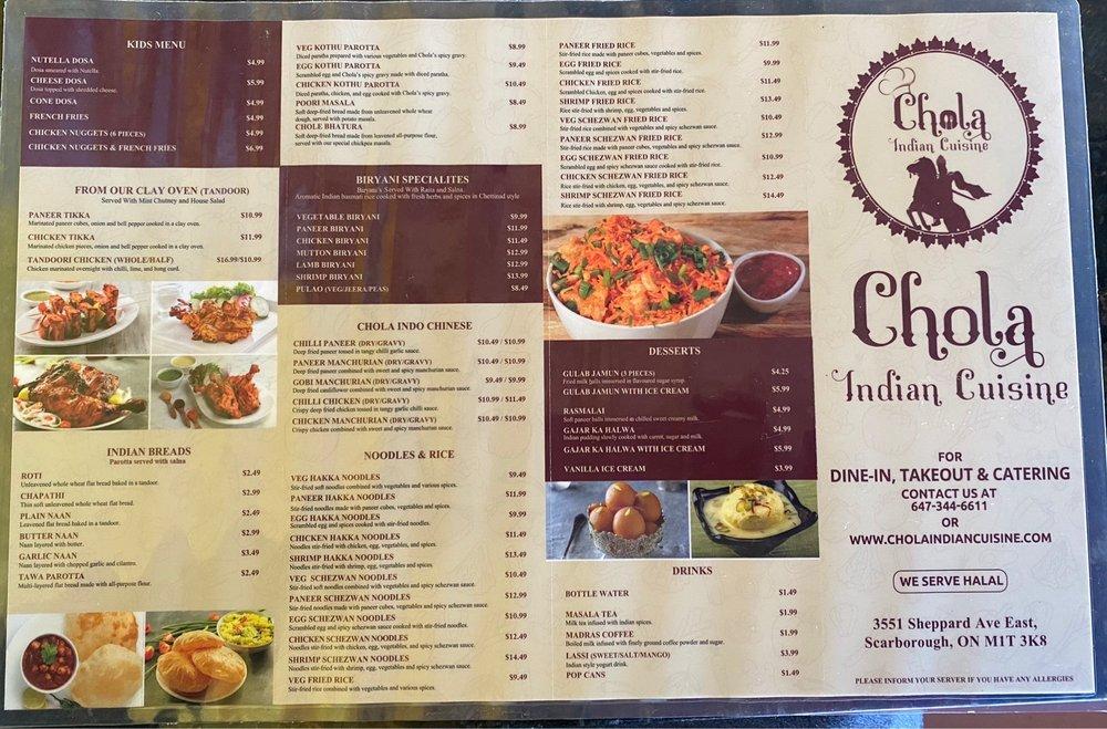 Menu at Chola Indian Cuisine restaurant, Toronto