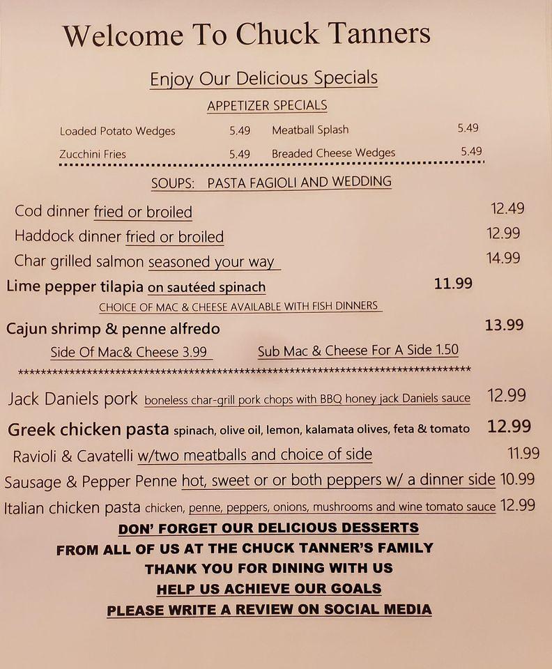 Menu at Chuck Tanners Restaurant, New Castle
