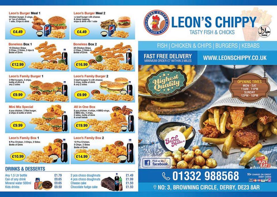 Menu at Leons Chippy restaurant, Derby