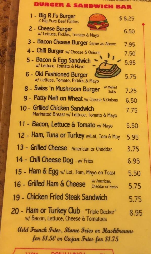 Menu at RJ's restaurant, Shreveport