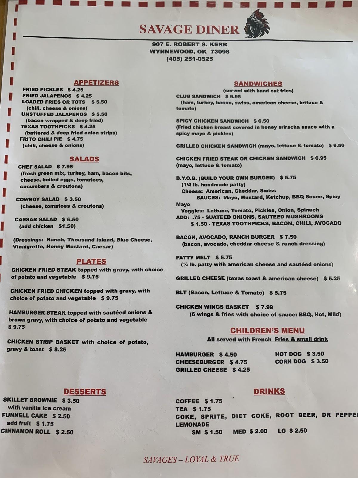 Menu at Savage diner restaurant, Wynnewood