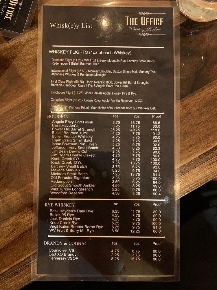 Menu at The Office Whiskey Parlor pub & bar, Parkersburg