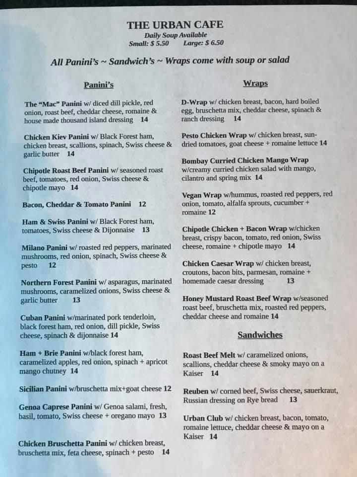 Menu at The Urban Cafe, North Bay