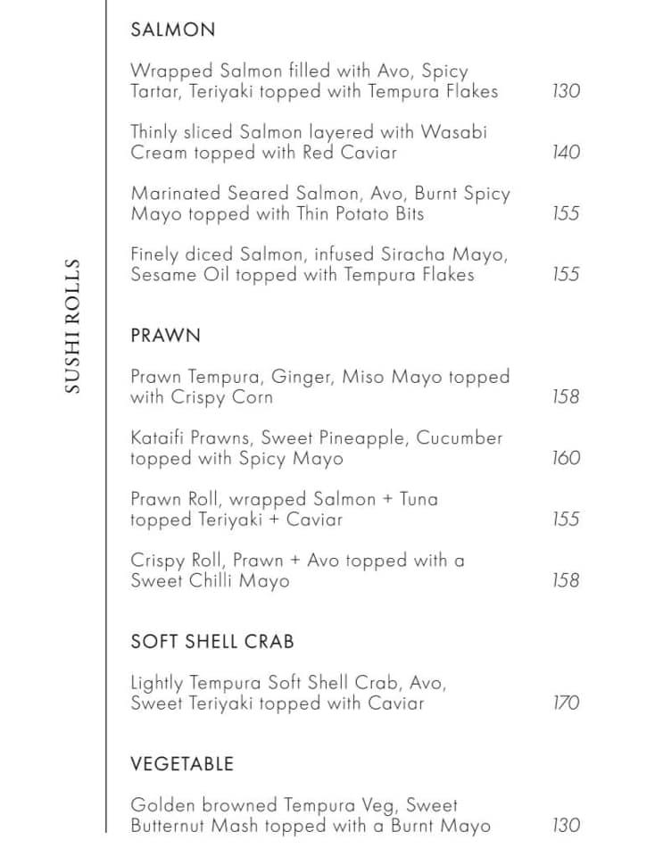 Menu at YU Restaurant, Cape Town