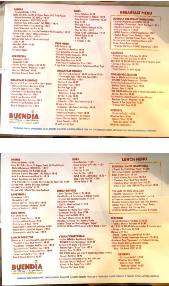 Menu at Buendia Breakfast & Lunch Cafe, Tucson