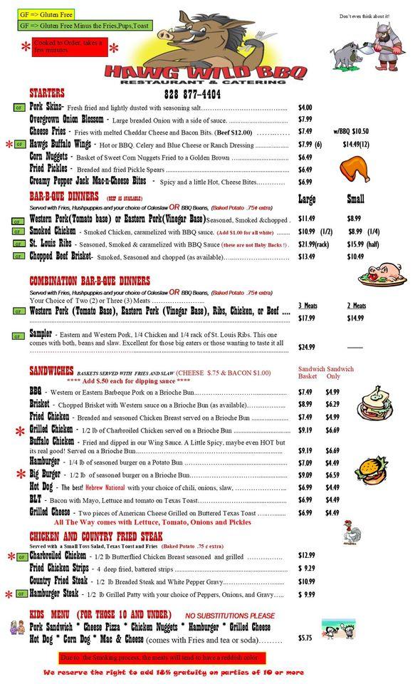Menu at Hawg Wild Smokehouse & Taproom BBQ, Pisgah Forest