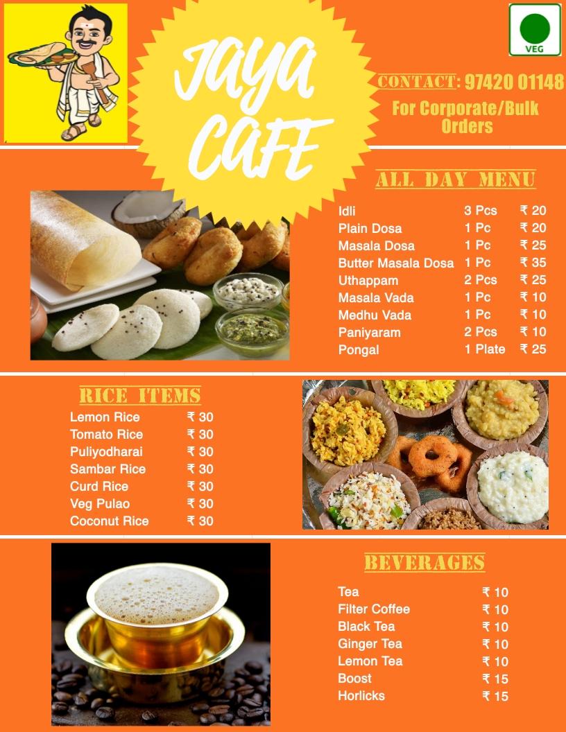 Menu at Jaya Cafe, Bengaluru, VHVP+3FR