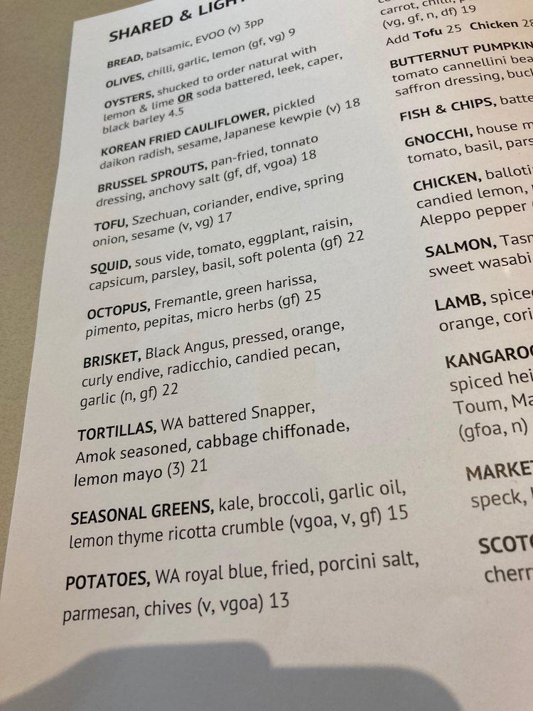Menu at Odyssea restaurant, City Beach