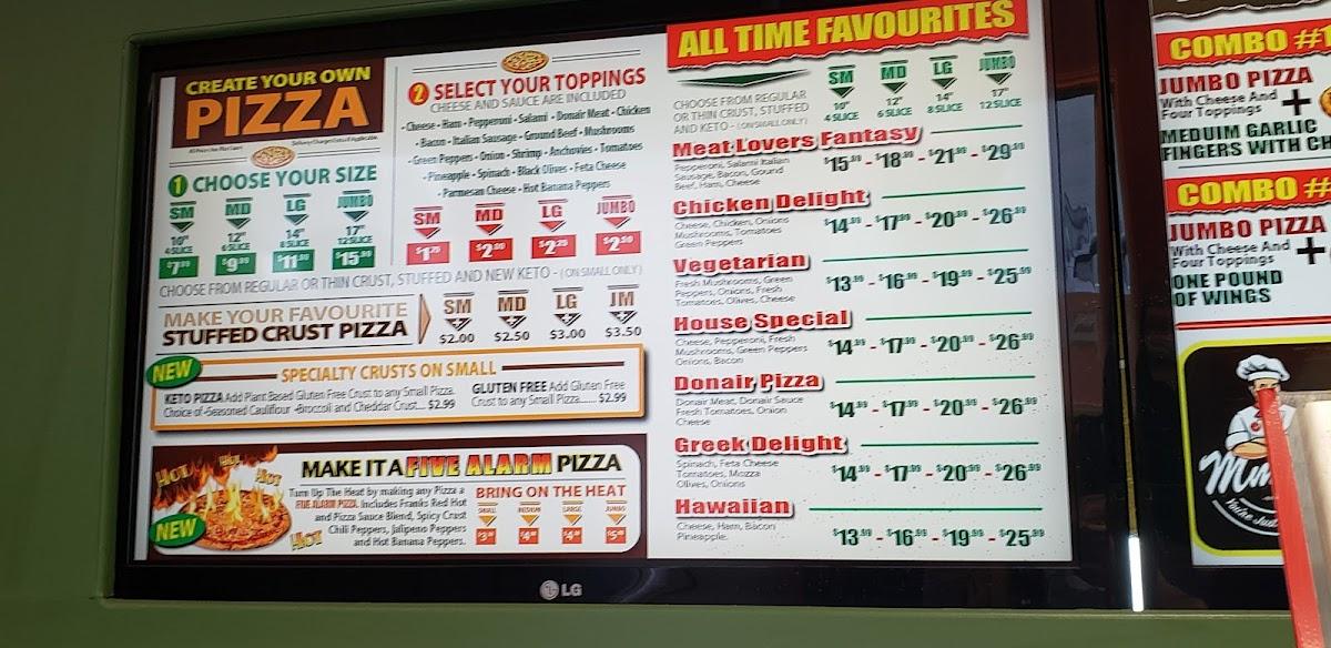 Menu at Peter's Pizza restaurant, Paradise