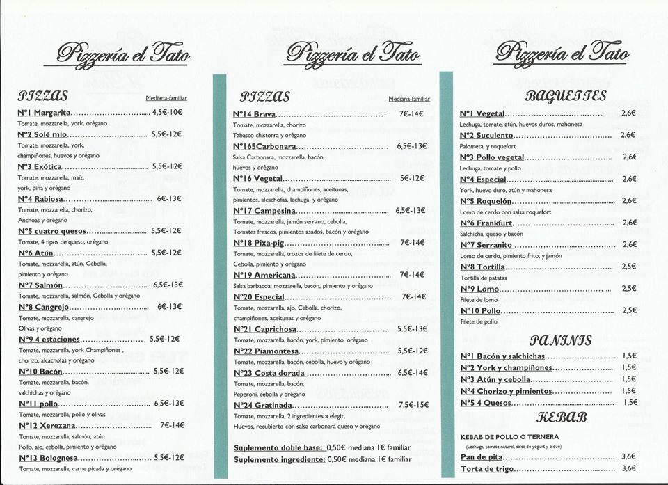 Menu at Pizzeria el tato, Prado del Rey