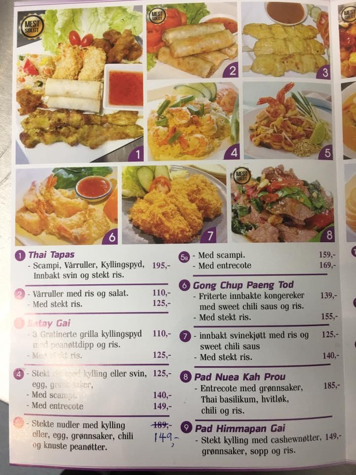 Menu at Poon Tip's Thai take-away restaurant, Norway