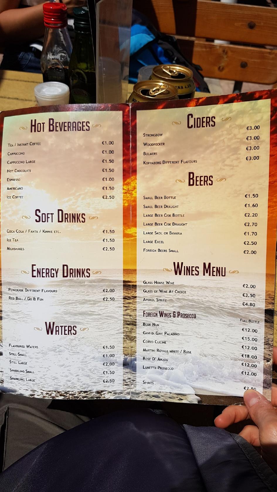 Menu at Seaside Kiosk cafe, Saint Paul's Bay