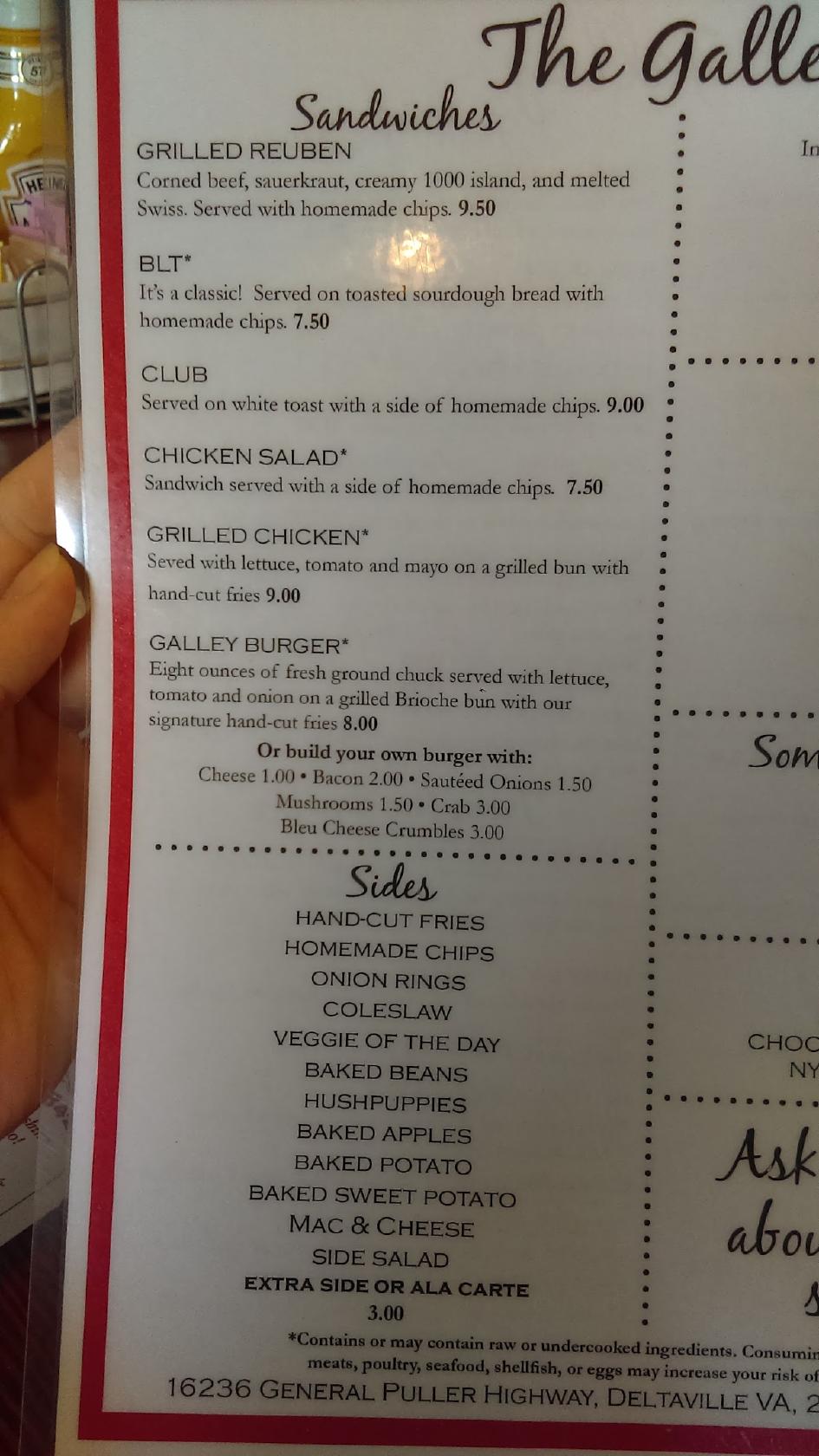 Menu at The Galley restaurant, Deltaville