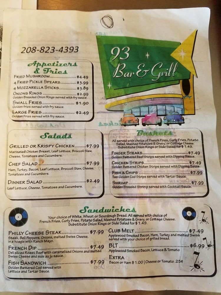 Menu at 93 Bar and Grill, Carey