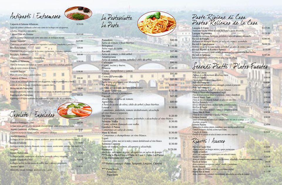 Menu at Amaretti restaurant, Monterrey