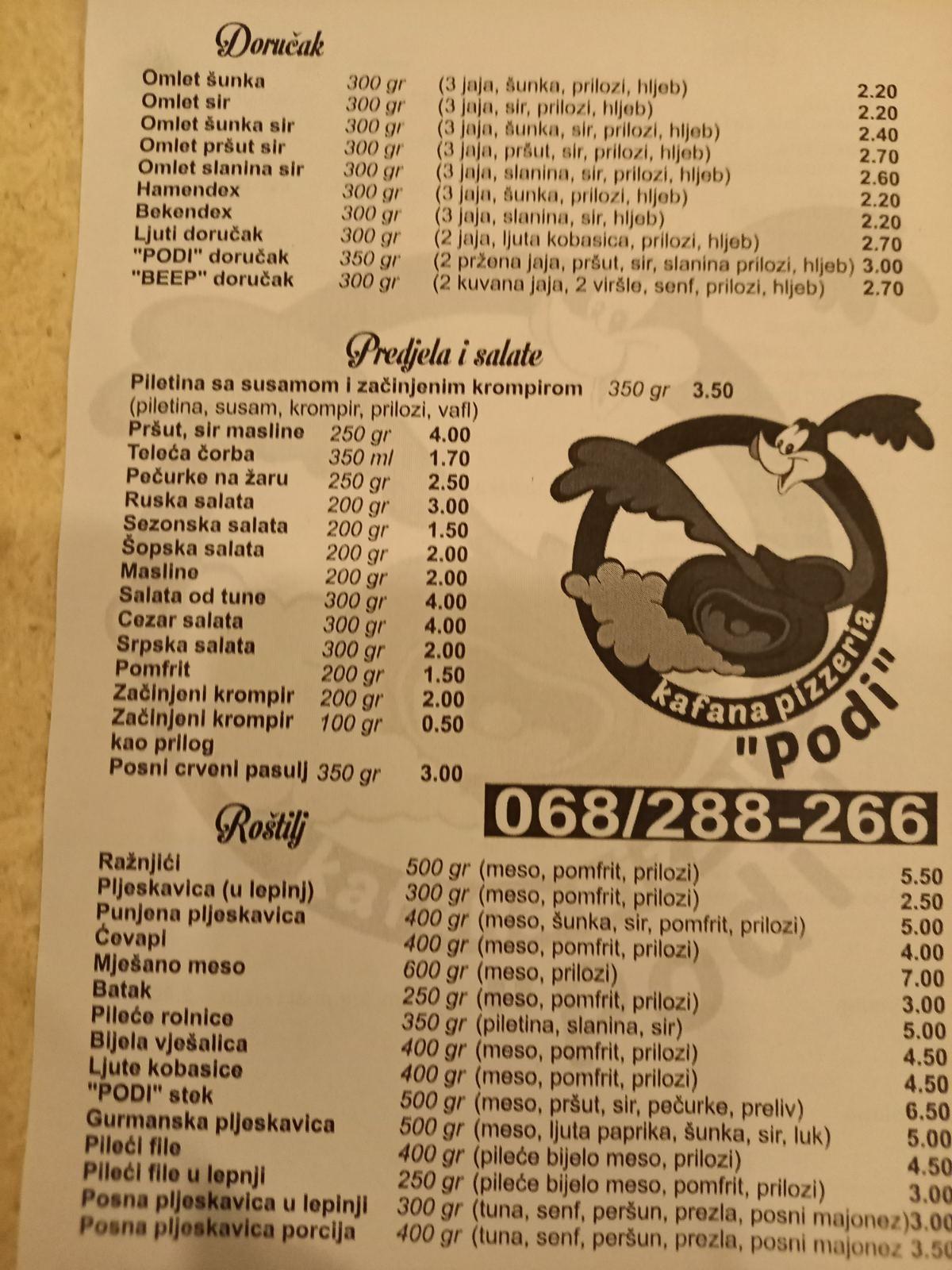 Menu at Caffe Bar Podi, Herceg Novi, 46 Pođanski put
