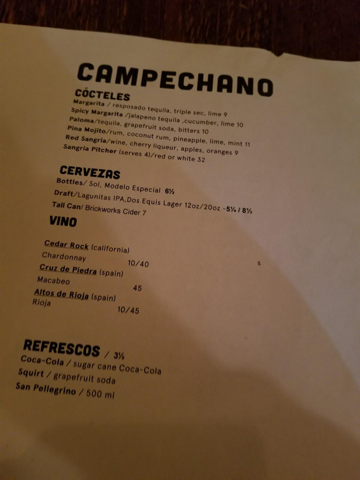 Menu at Campechano Adelaide restaurant, Toronto, 504 Adelaide St W