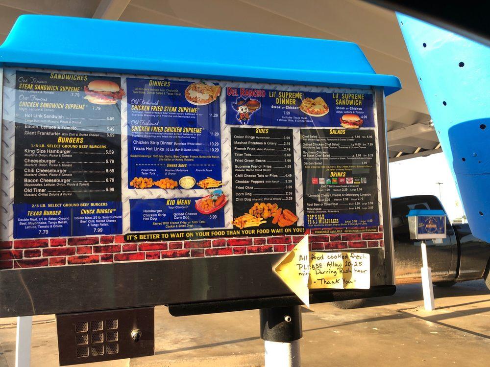 Menu at Del Rancho fast food, Oklahoma City, 16 SW 59th St