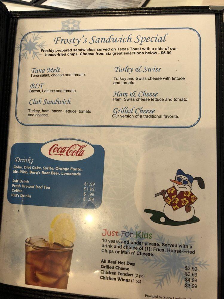 Menu at Frosty's Fun Center pizzeria, Santa Claus
