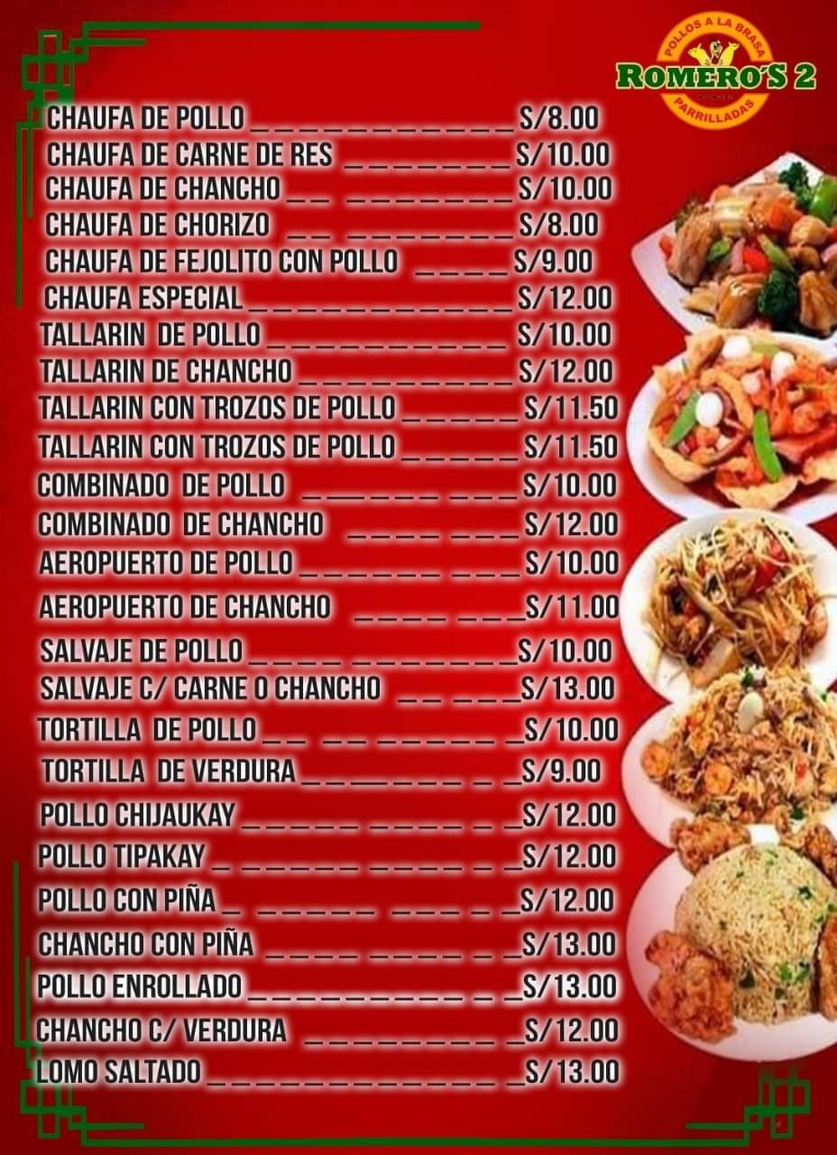 Menu at Polleria Romero restaurant, Ventanilla